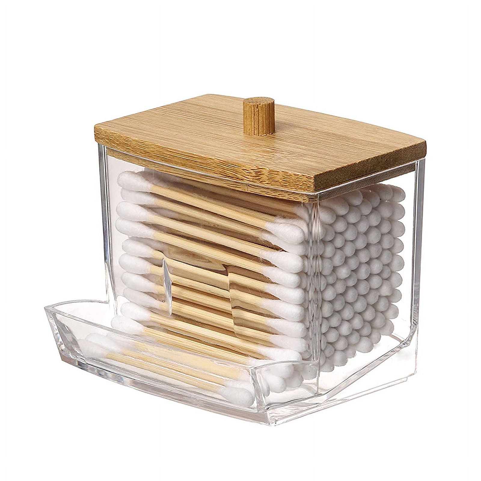 Cotton swab storage bamboo cover acrylic portable round container ...