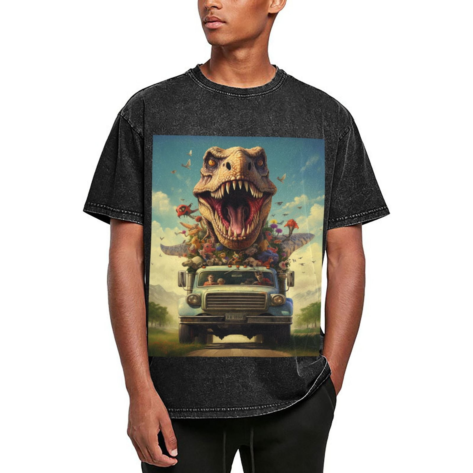 Cotton washed graphic shoulder drop retro oversized T-shirt Dinosaur ...