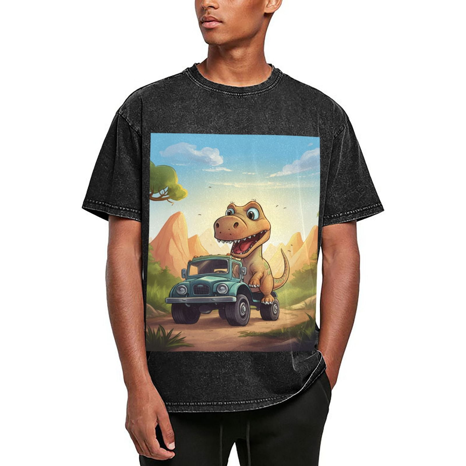 Cotton washed graphic shoulder drop retro oversized T-shirt Dinosaur (7 ...