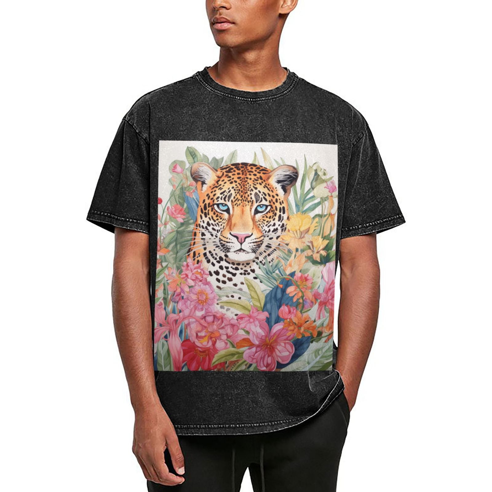 Cotton washed graphic shoulder drop retro oversized T-shirt Leopard (90 ...