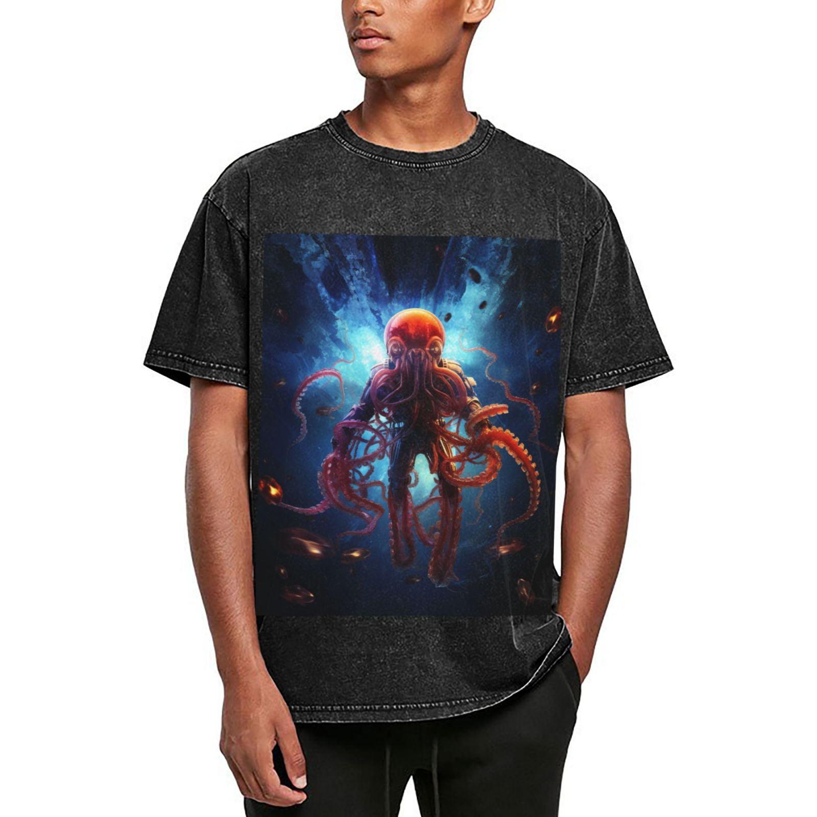 Cotton washed graphic shoulder drop retro oversized T-shirt Octopus (96 ...