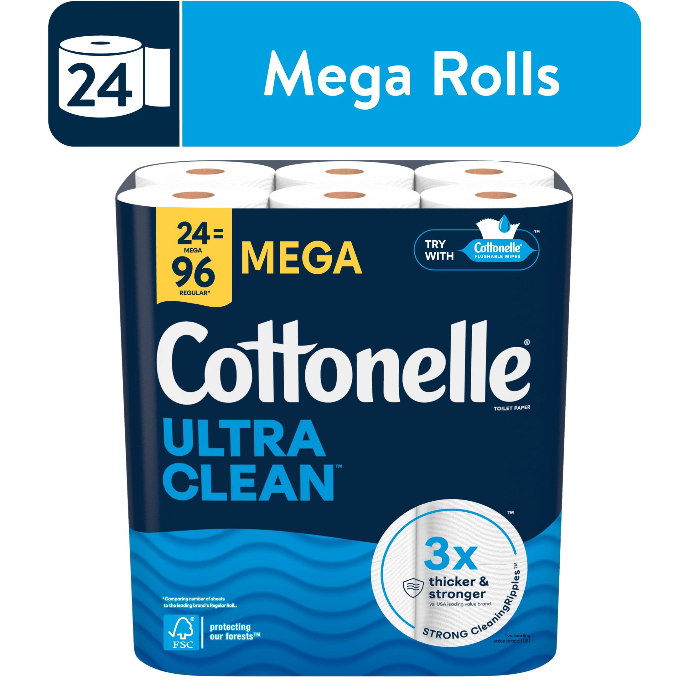 Cottonelle Ultra Clean Toilet Paper, Strong Toilet Tissue, 24 Mega Rolls - Walmart.com