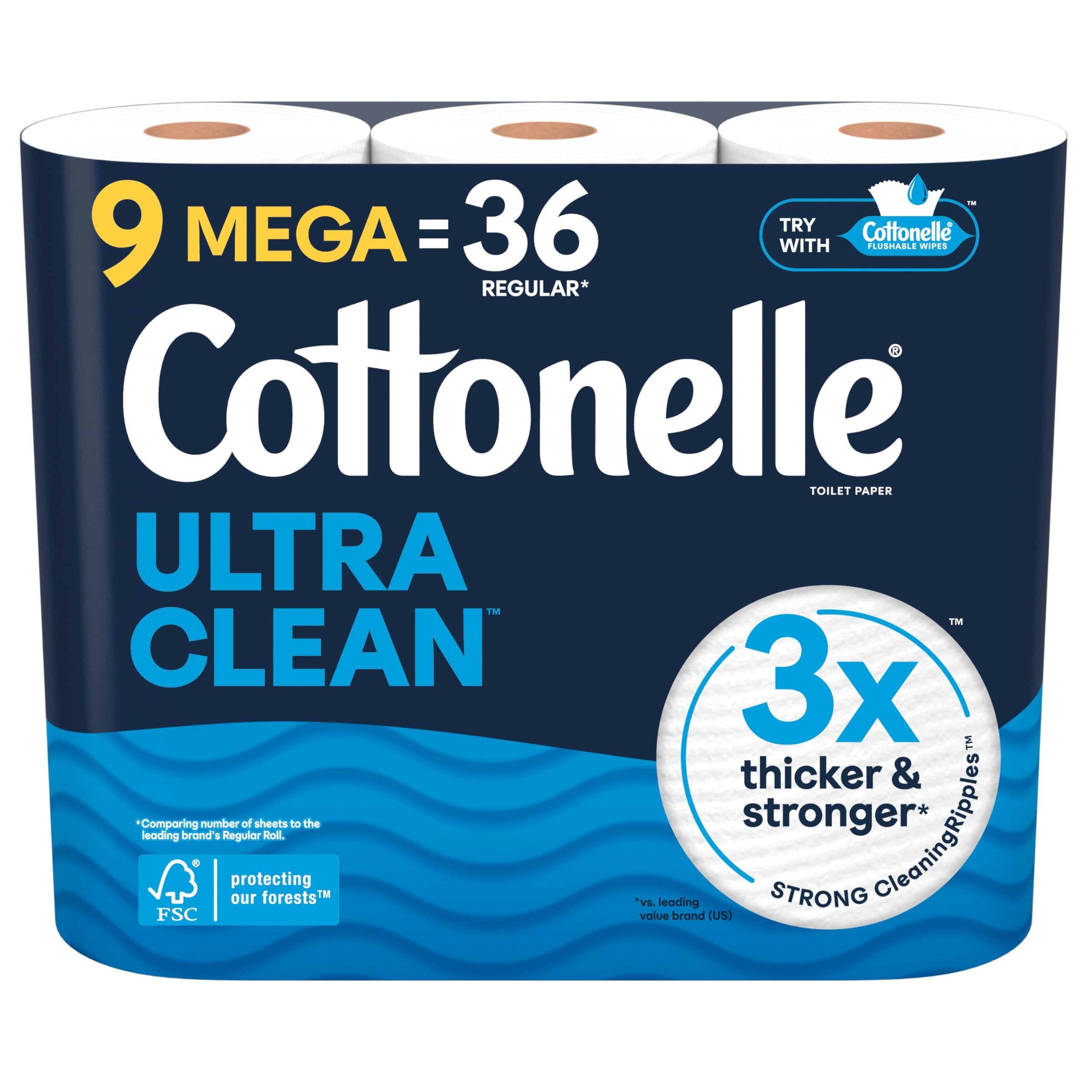 Cottonelle Ultra Clean Toilet Paper, 9 Mega Rolls, 284 Sheets Per Roll, Strong CleaningRipples ...