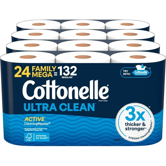 Cottonelle Ultra Clean Toilet Paper with Active CleaningRipples Texture, Strong Bath Tissue, 24 ...