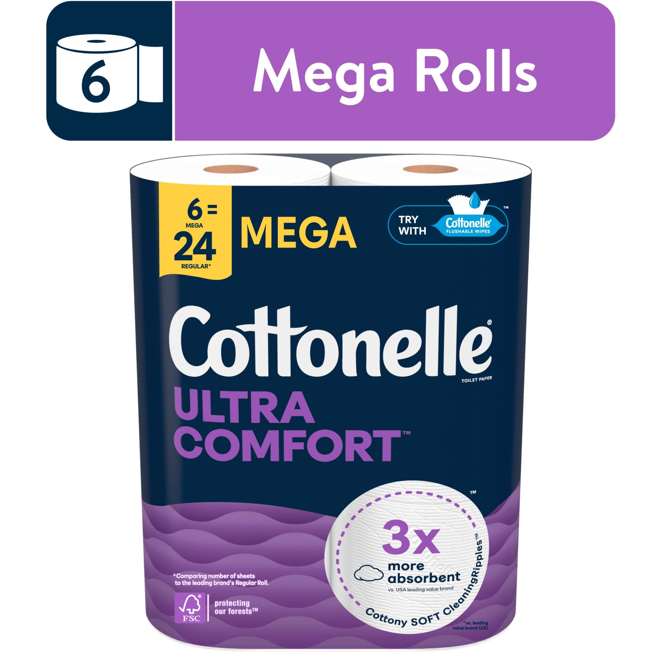 Cottonelle Ultra Comfort Toilet Paper, 6 Mega Rolls, Superior Clean, 3x ...