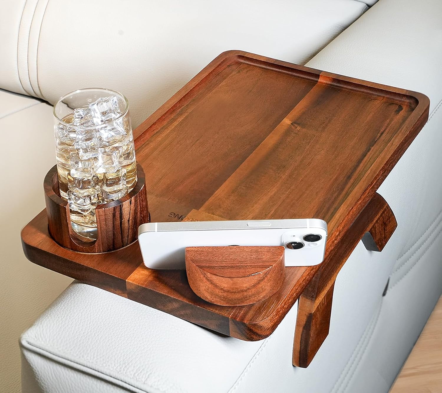 Couch Arm Table,DUBLEYONG,Acacia Wood Sofa Arm Tray with Couch Cup ...