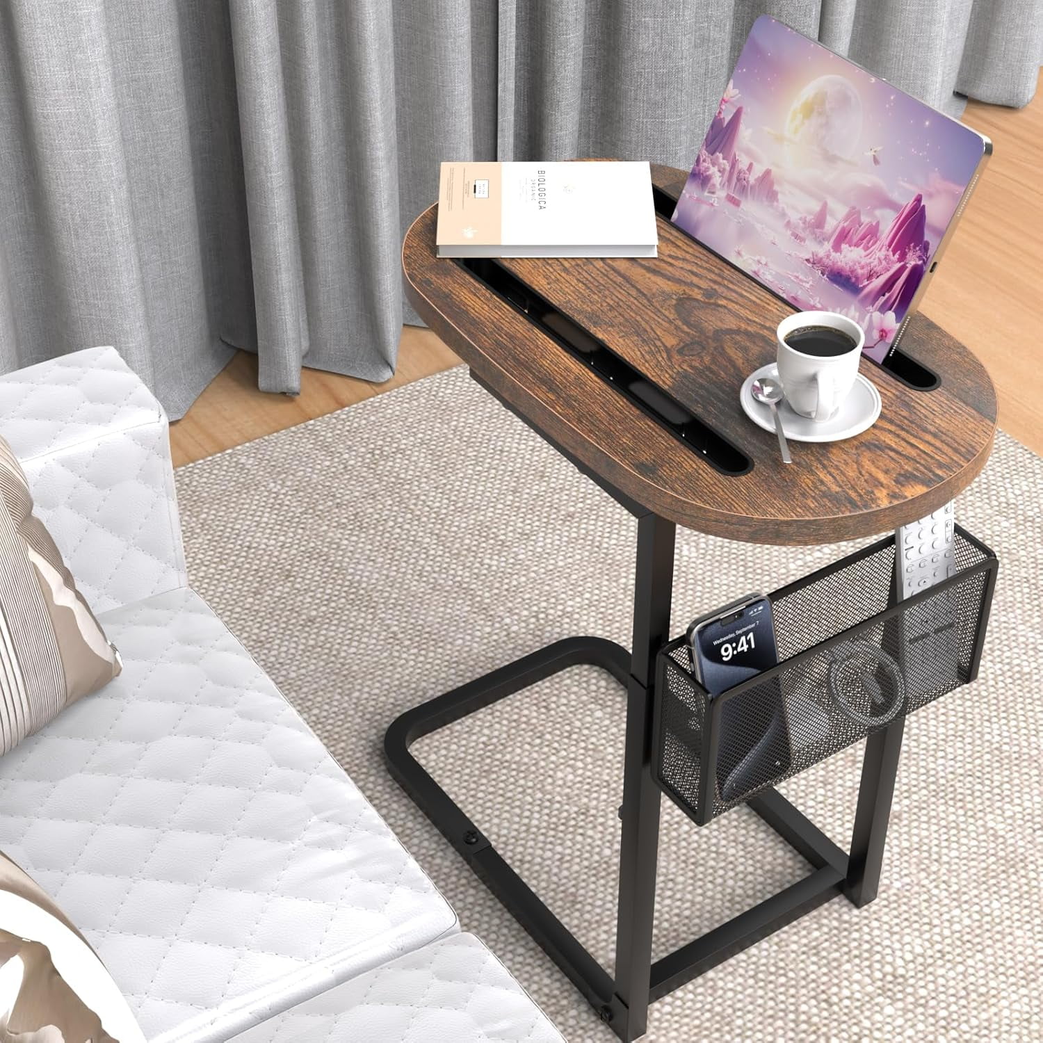 Couch Arm Table, Tv Tray Table Adjustable Height with Storage Baskets ...