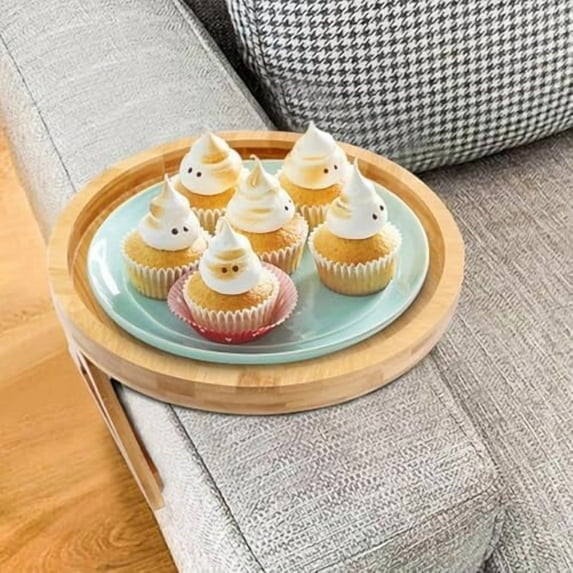 Couch Arm Tray Round 9.8 Inch, Natural Pine Wood Sofa Tray Table Clip ...