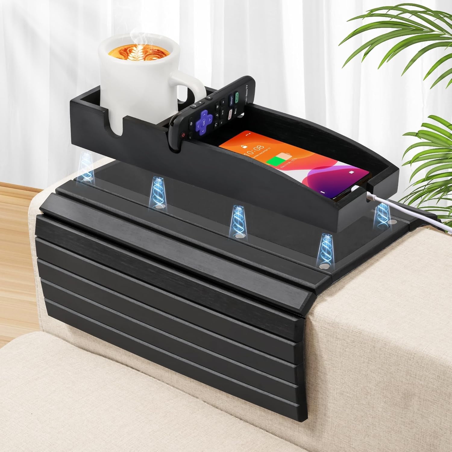Couch Cup Holder, 3-in-1 Magnetic Detachable Couch Arm Tray, Bamboo ...