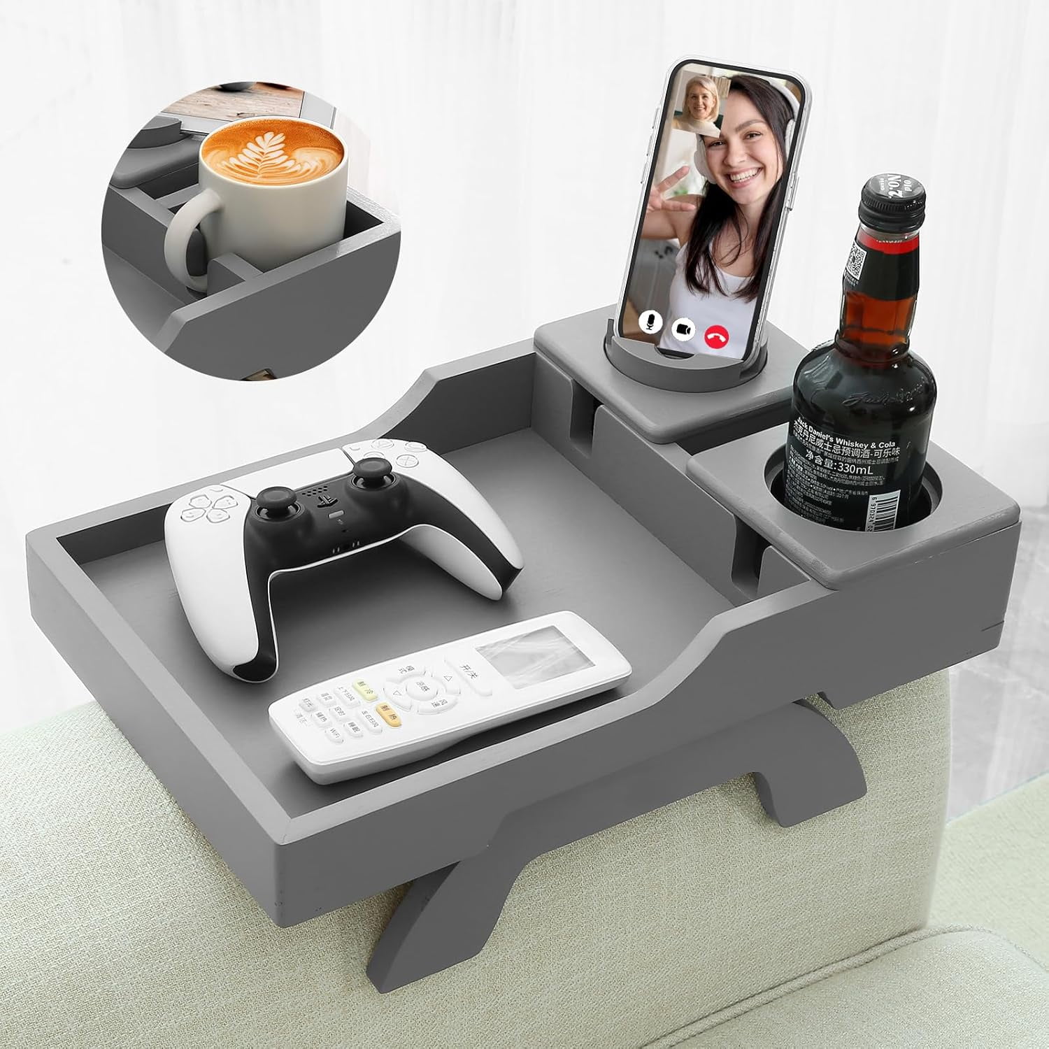 Couch Cup Holder, 4-in-1 Side Couch Arm Tray with Phone Holder, Sofa ...