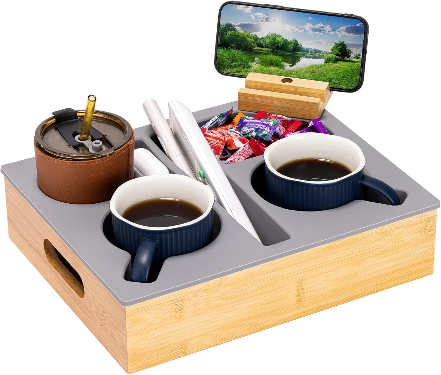 Couch Cup Holder Tray-Bamboo 6-in-1 Snack Box Couch Caddy with ...