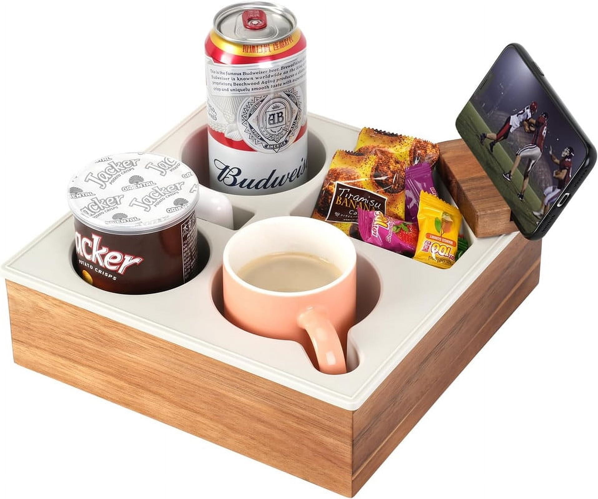 Couch Cup Holder Tray, Hitseon Handy Soft Silicone Acacia Wooden Couch ...