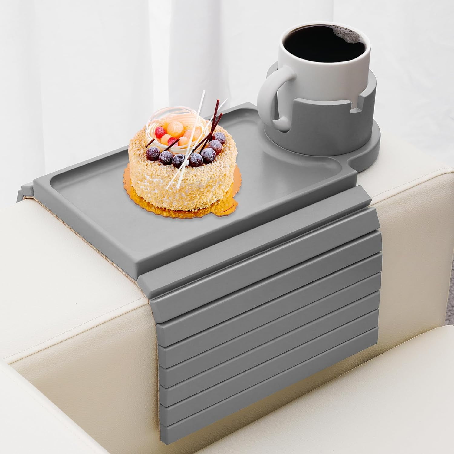 Couch Cup Holder Tray, Large Couch Arm Table Tray with 360° Phone Holder, 3 in 1 Bamboo Sofa ...