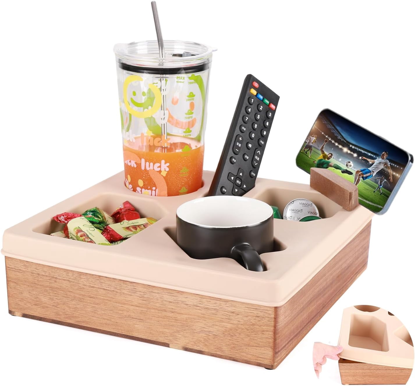Couch Cup Holder Tray, Silicone Wooden Couch Caddy with Cup Holder for ...