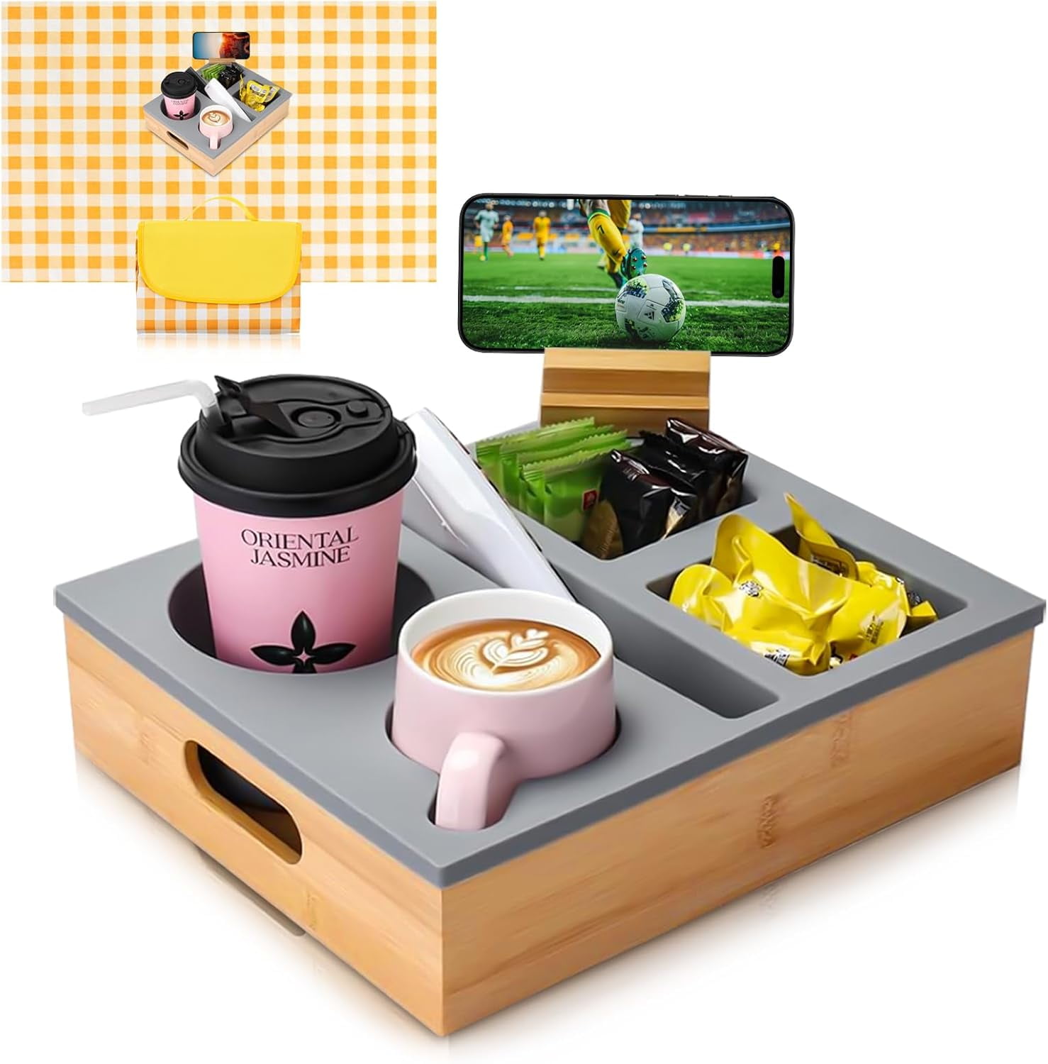 Couch Cup Holder Tray, Soft Silicone Acacia Wooden Couch Caddy for Bed ...