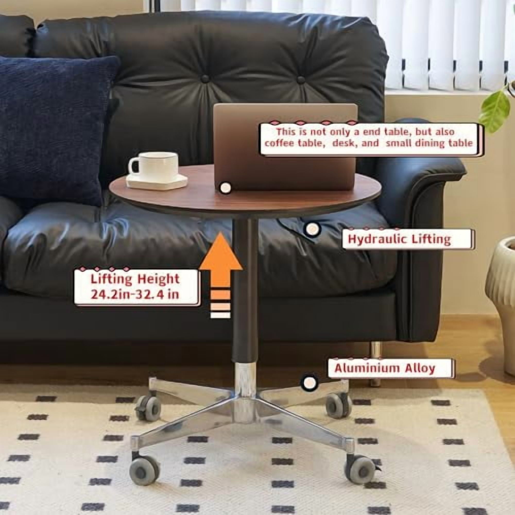 Couch End Table 23.6 in Round Wood Top Adjustable Height 24.2"-32.2 ...