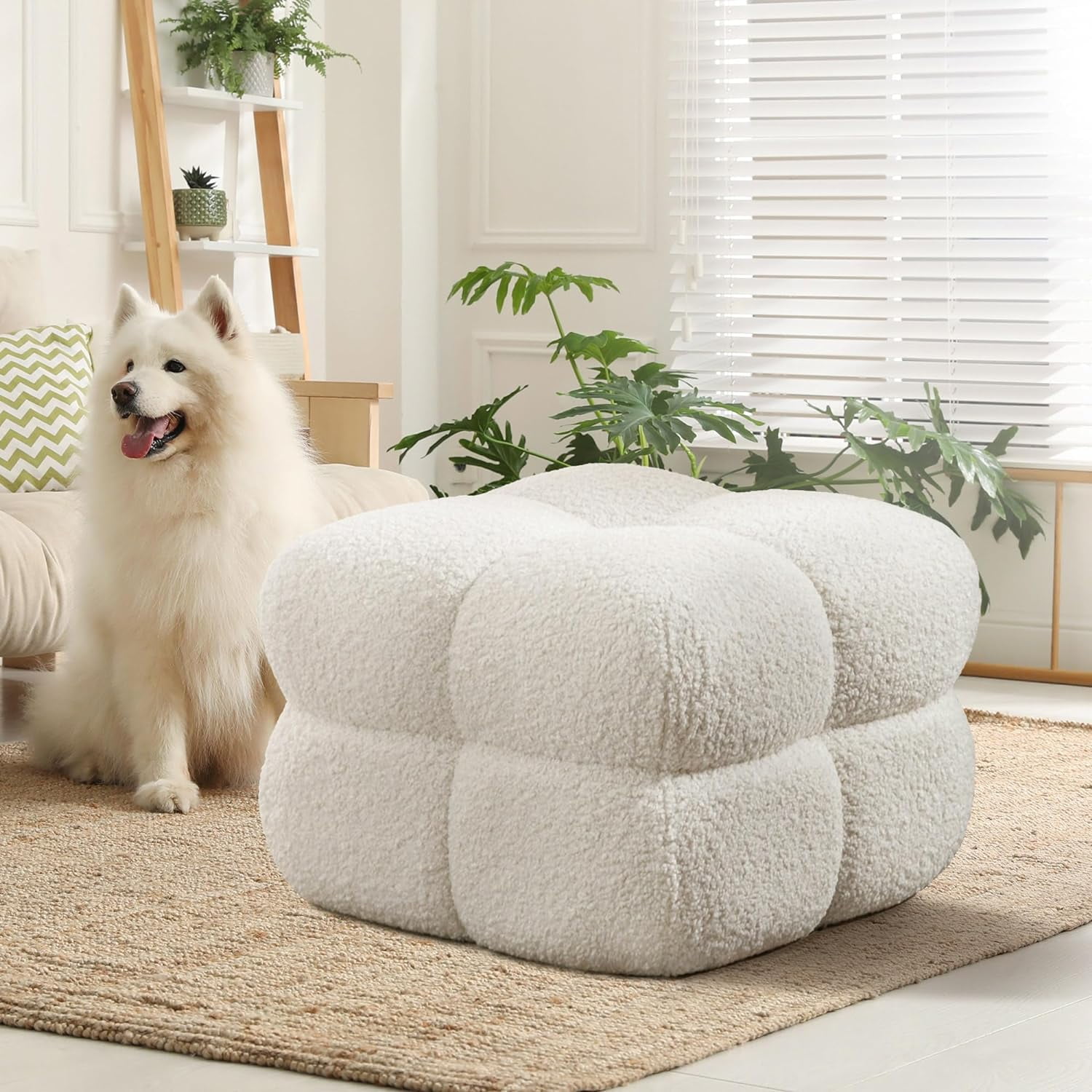 Couch Sherpa Pouf Chair 23.6" W Floor Pouf, White Fuzzy Square Ottoman ...