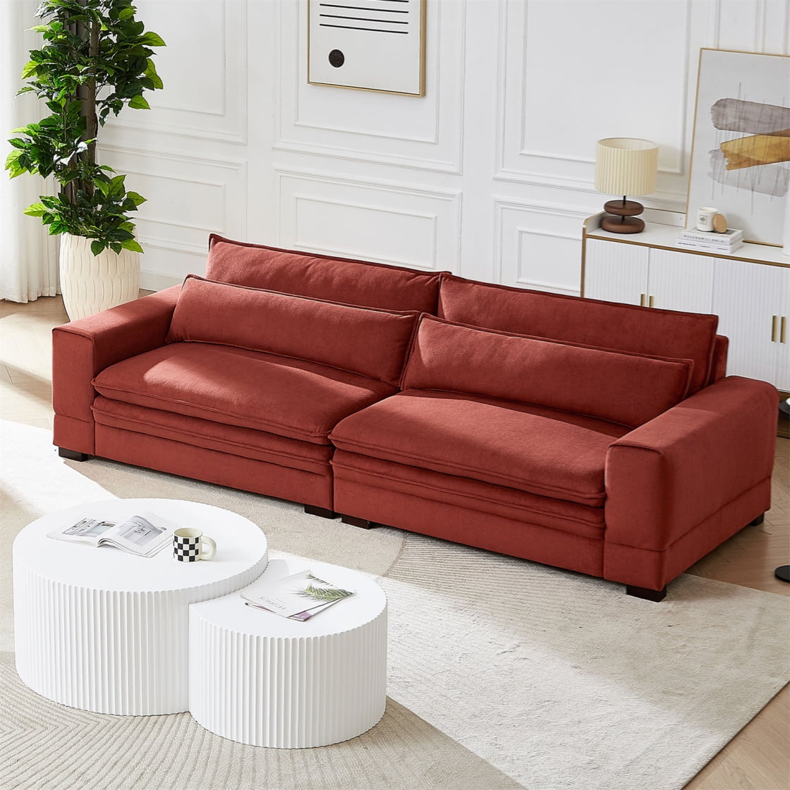 Red Mid Century Modern Sofa Couch, 104.72 inch with Two Pillows, for ...