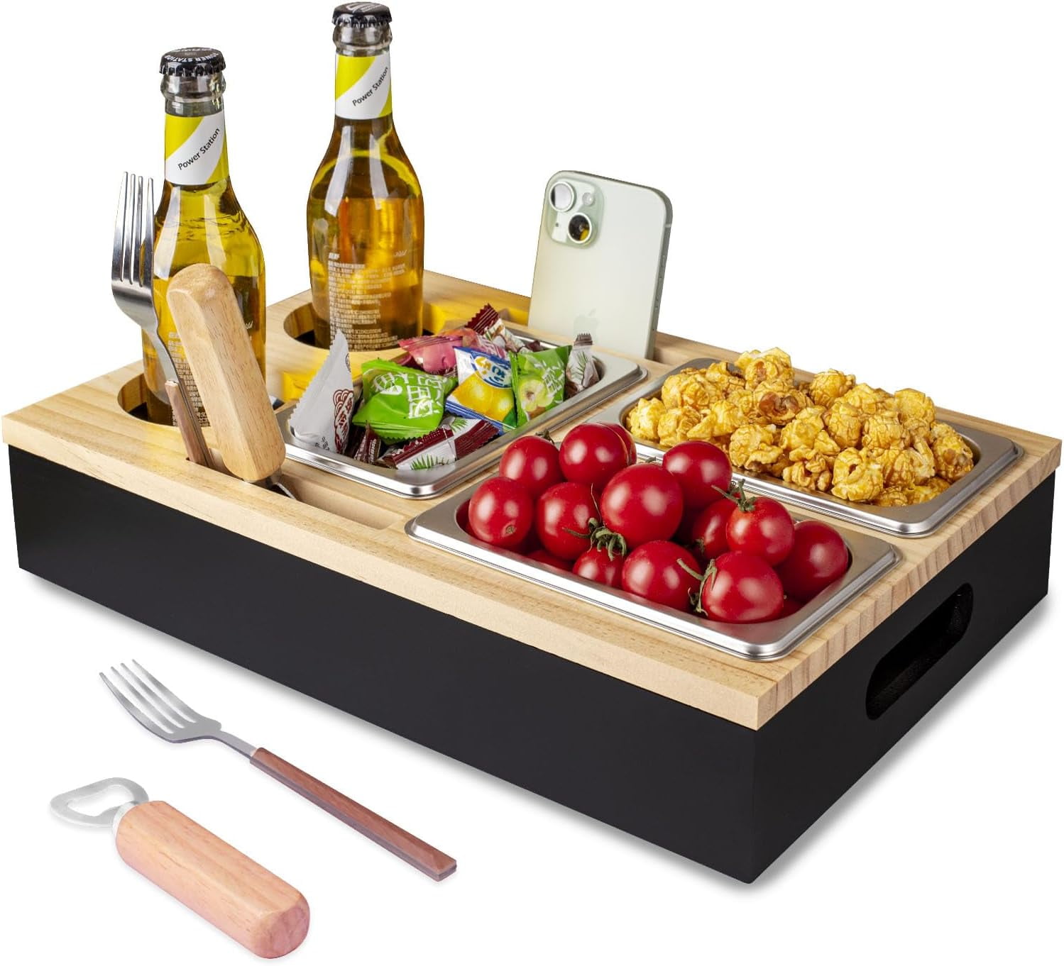 Couch Tray Bamboo, Couch Bar with Snack Box and Wine Glass Holder ...