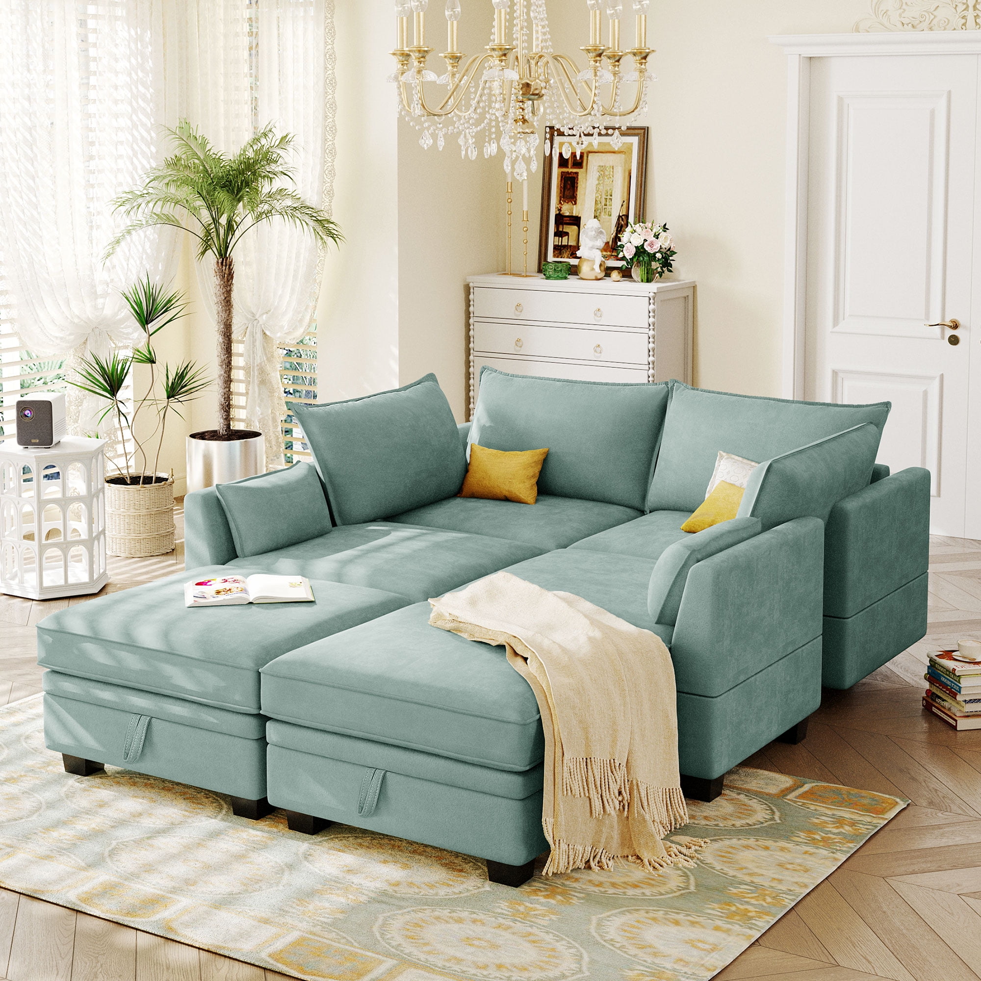 Harper & Bright Designs Couch with Storage Ottoman and Chaise, Light ...
