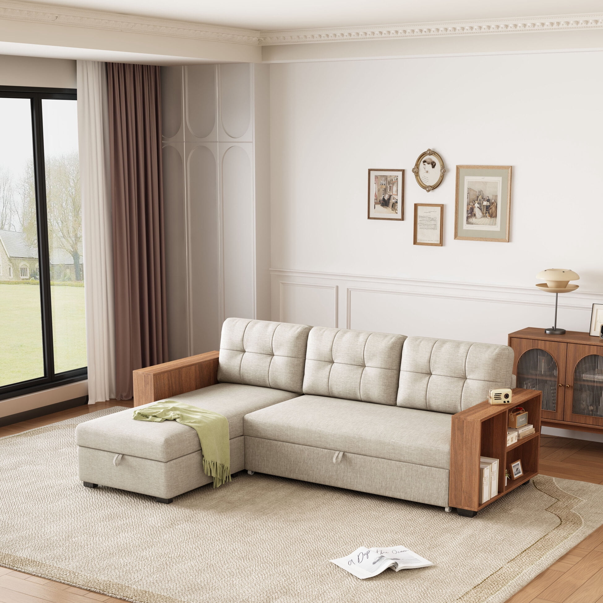 Couches for Living Room,Upholstered Pull Out Sectional Sofa with ...