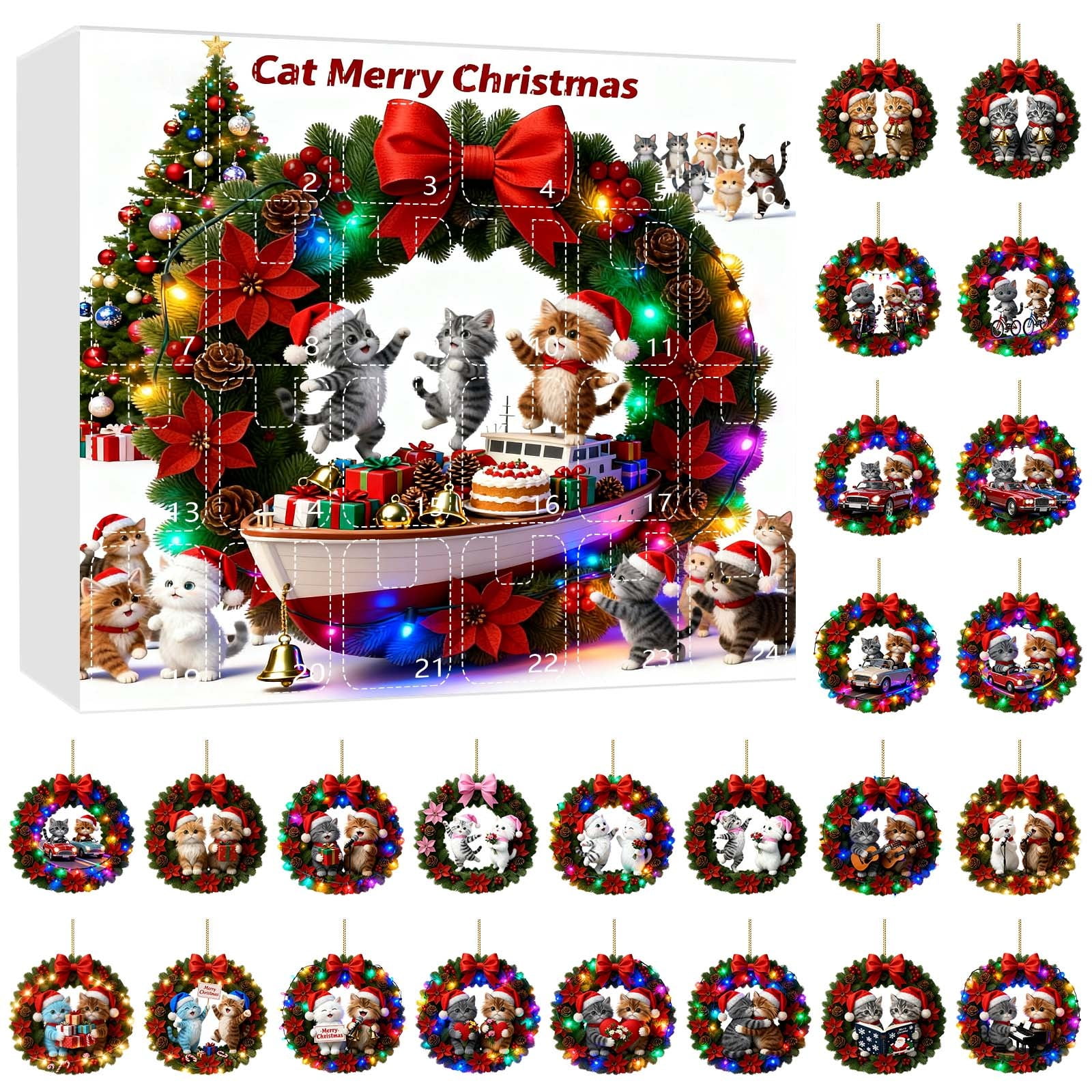 Countdown Advent Calendar 2025 2D Wreath Cat Ornament with -Sided Printing Adorable Indoor ...