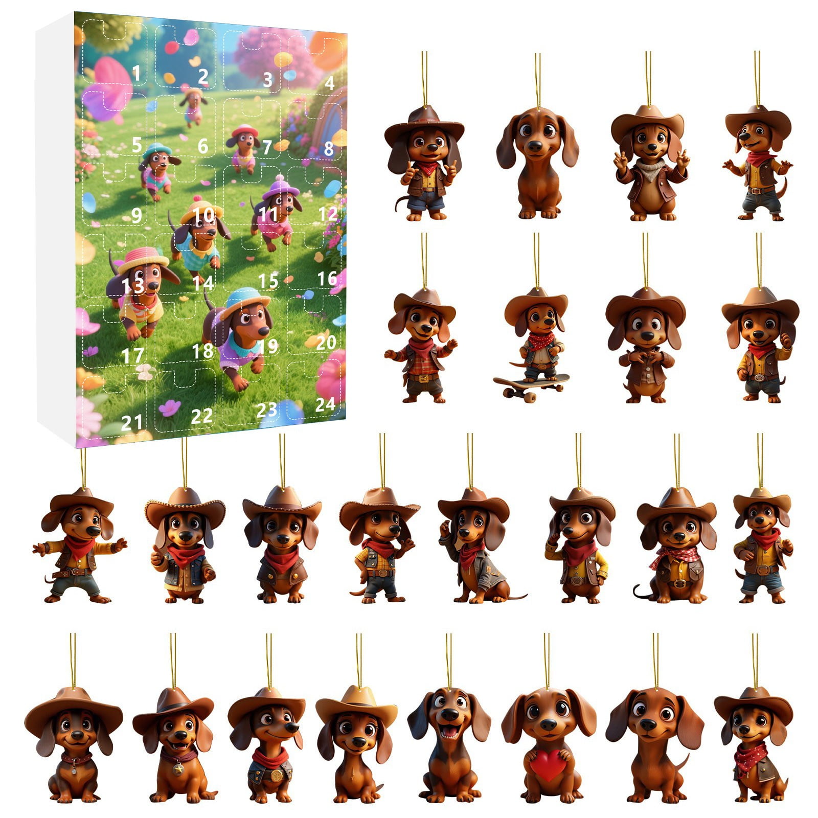 Countdown Calendar Set Featuring Cute 2D Sausage Dog Ornaments 24-Piece ...