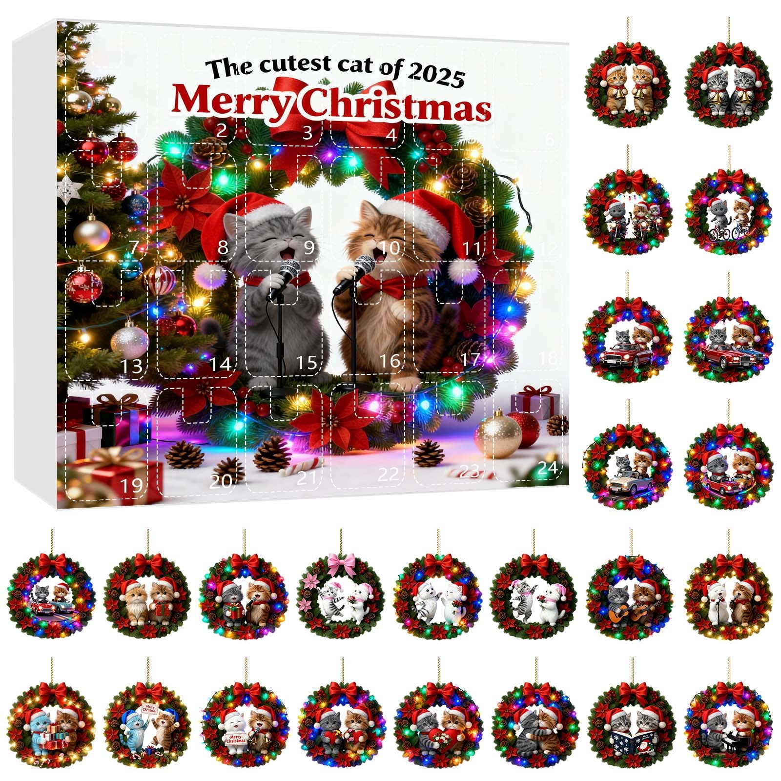 Countdown Sets Adorable Wreath Cat Advent Calendar 24 Days 2025 2D Flat ...