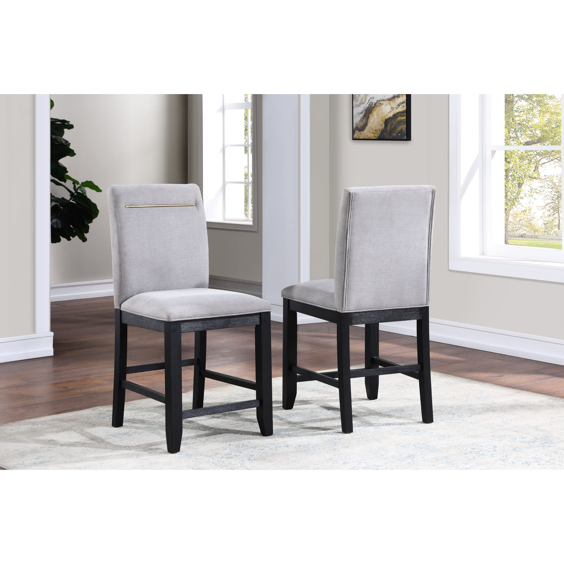 Counter Chair Of 2, Gray Performance Fabric, Stain-, Repellent, Heavy-duty Wear, Natural Wood ...