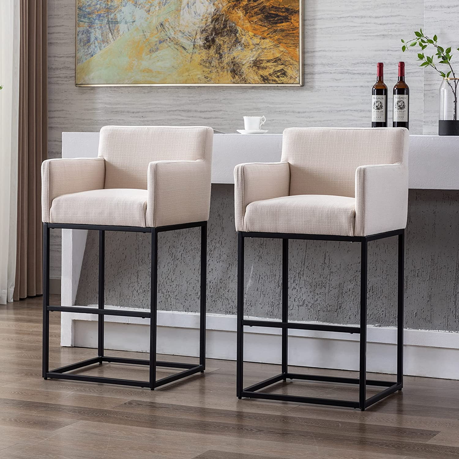 Counter Height 26.75" Bar Stools Set of 2 Linen Fabric Upholstered ...