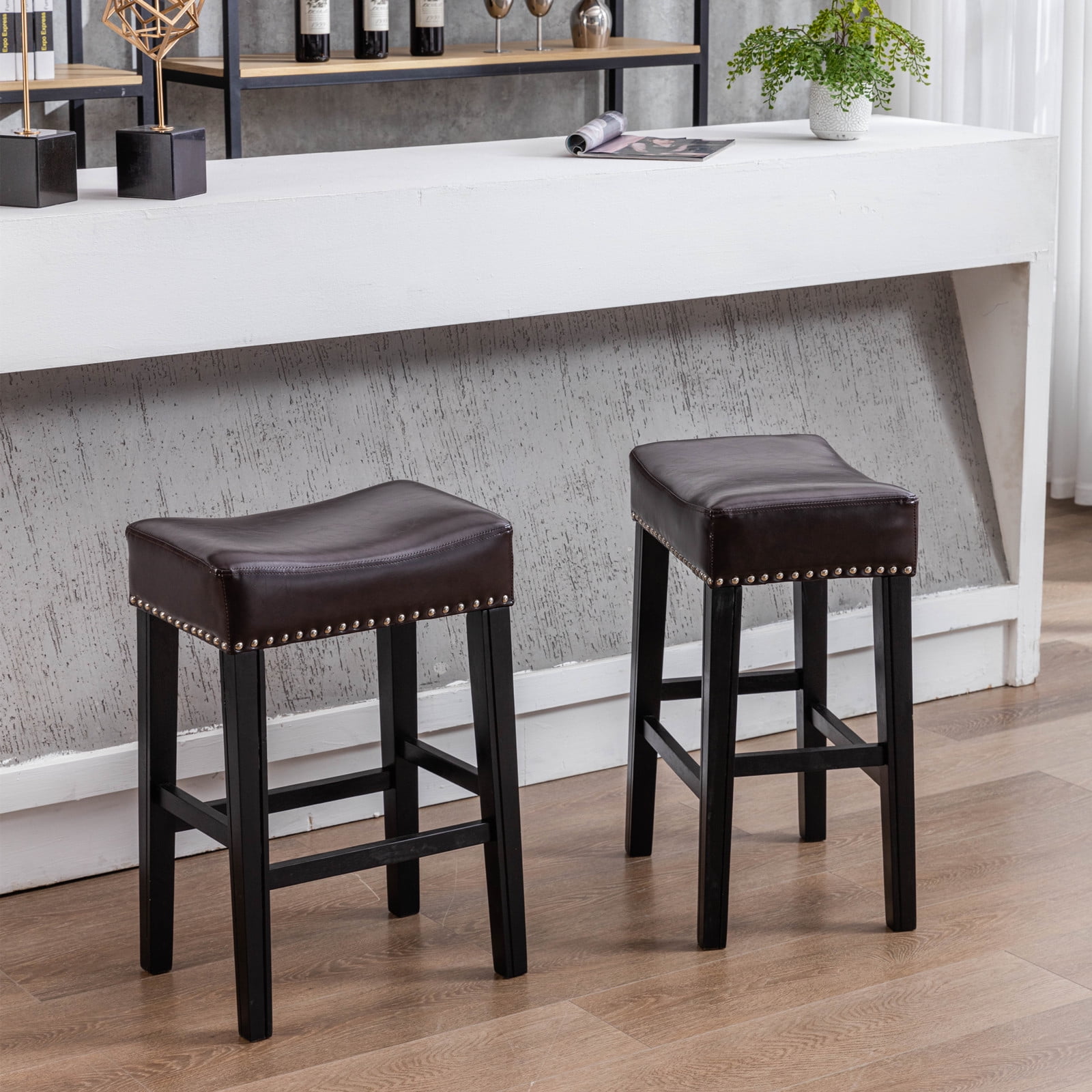 26" Wooden Counter Height Bar Stools, Barrel Seat, Wood Legs, PU ...