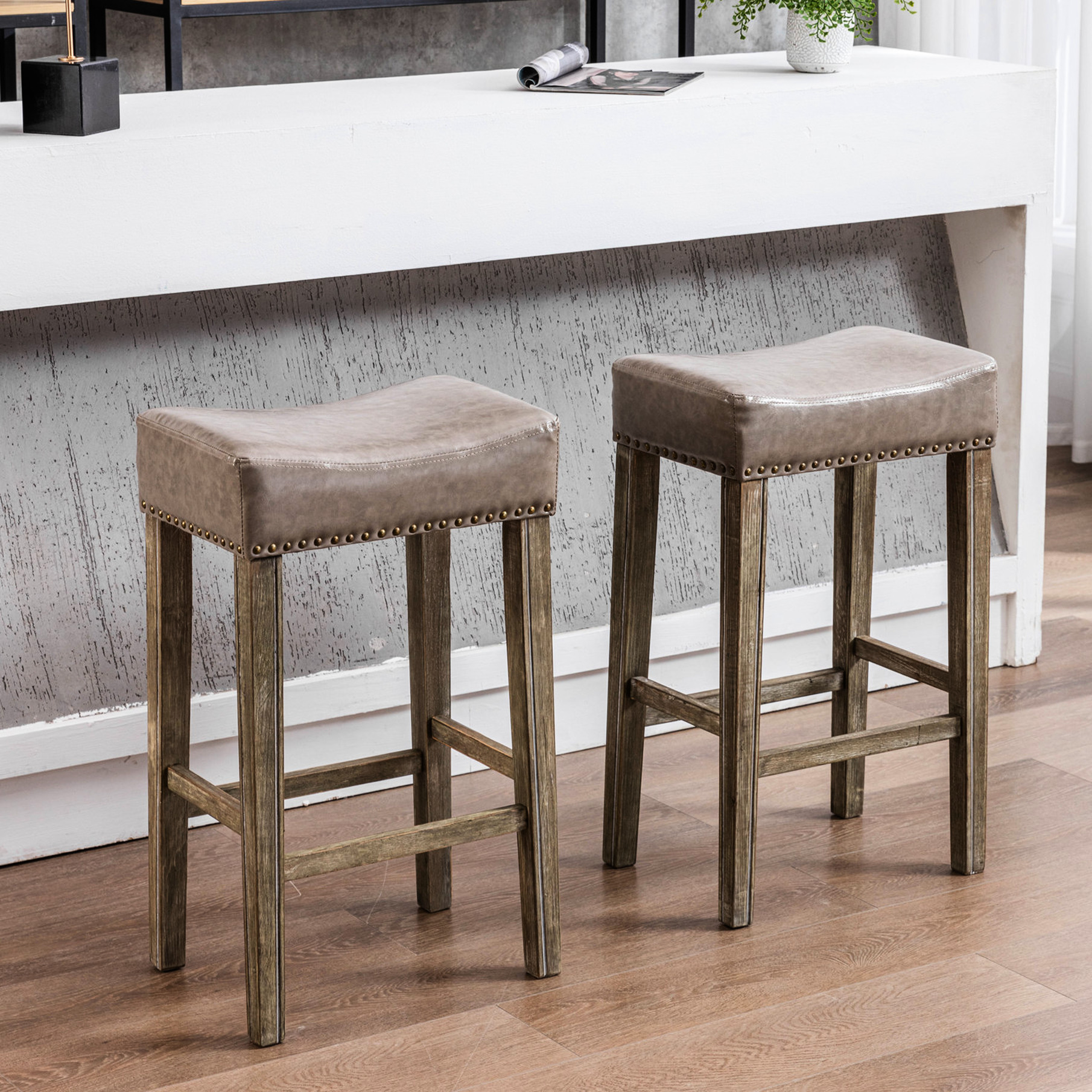 Counter Height 29" Bar Stools Gray, Of 2, Backless Faux Leather For ...