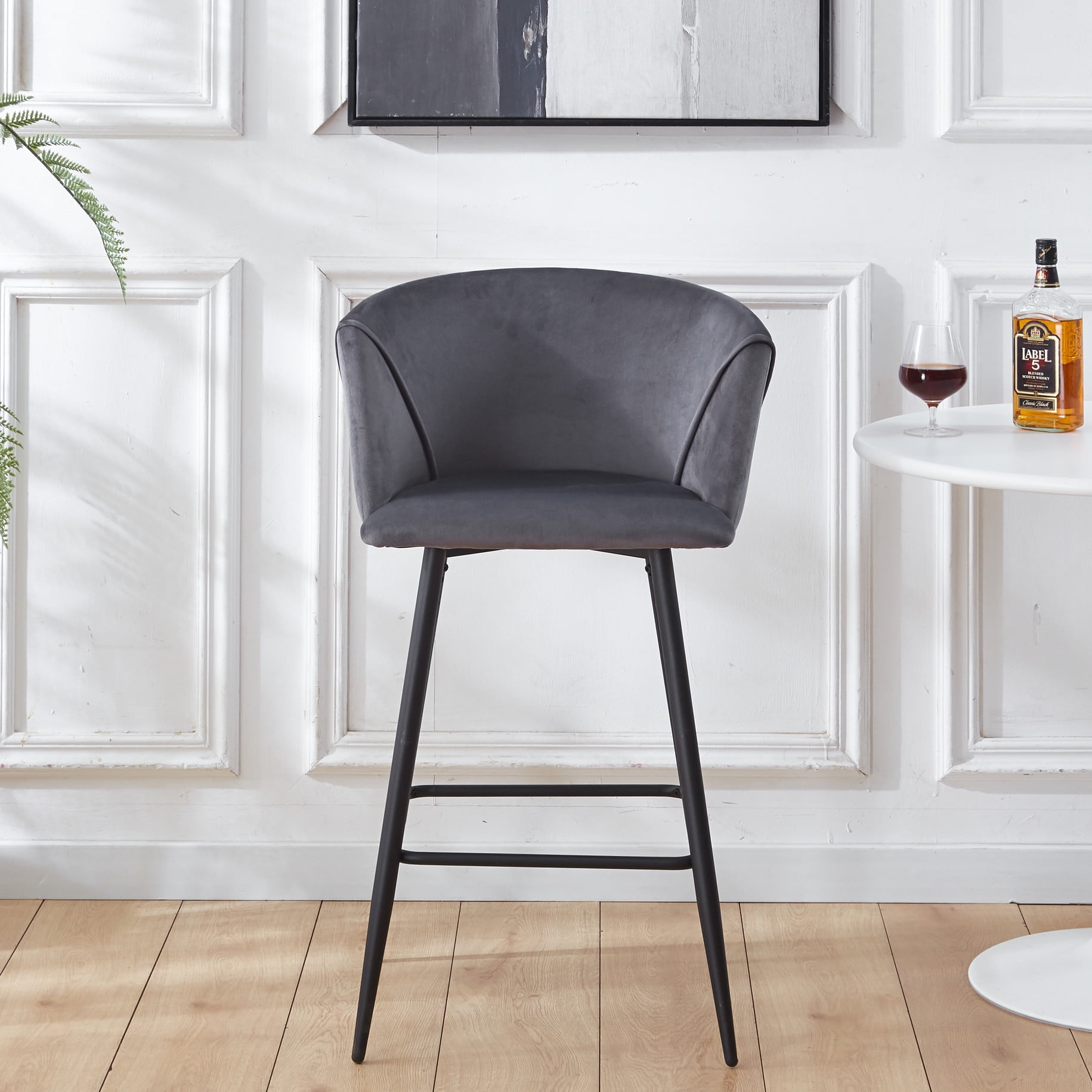 Counter Height Bar Stool Of 2, Dark Grey Velvet Padded With Black Metal ...