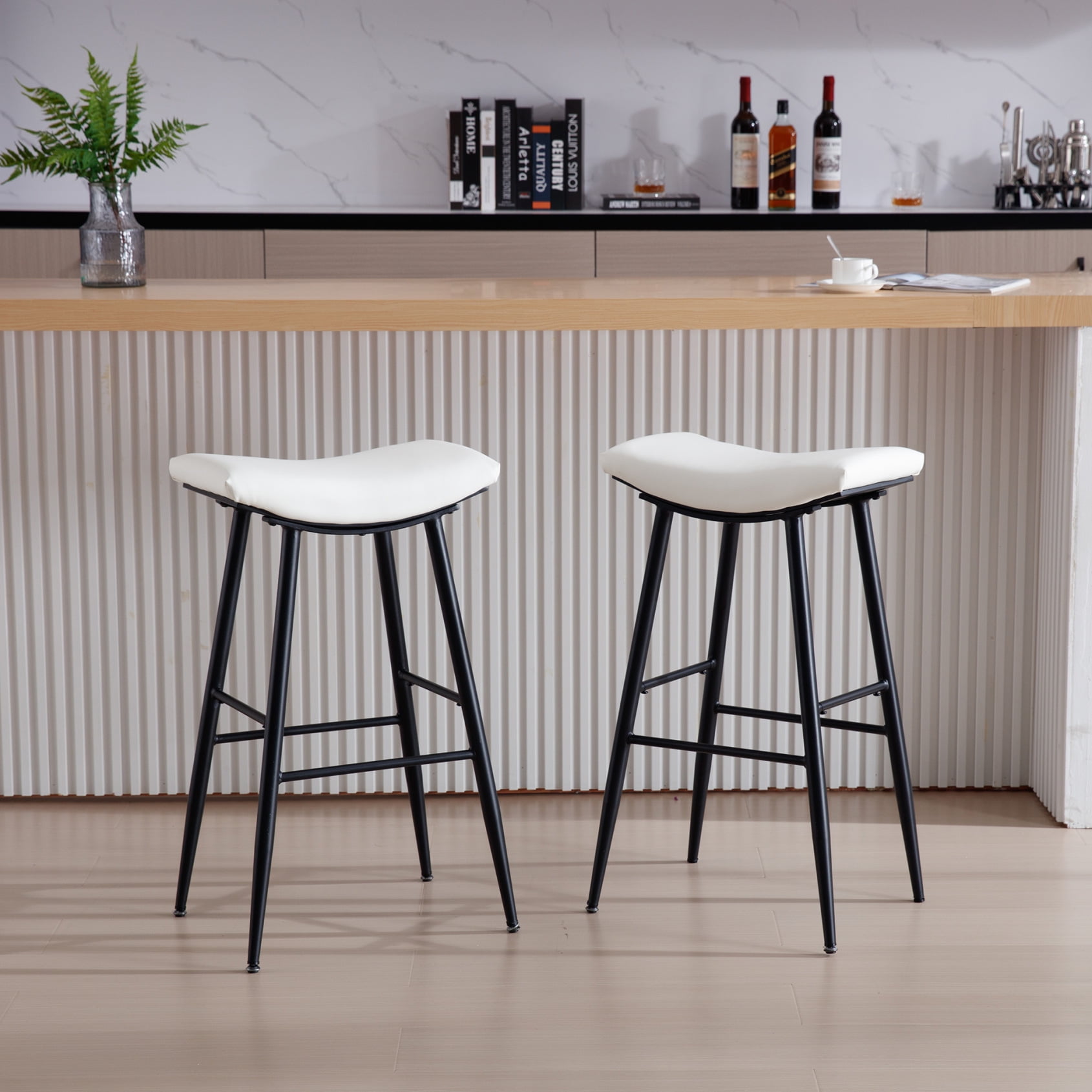 Counter Height Bar Stool Set of 2, 32"H PU Leather Saddle Stools Set of ...