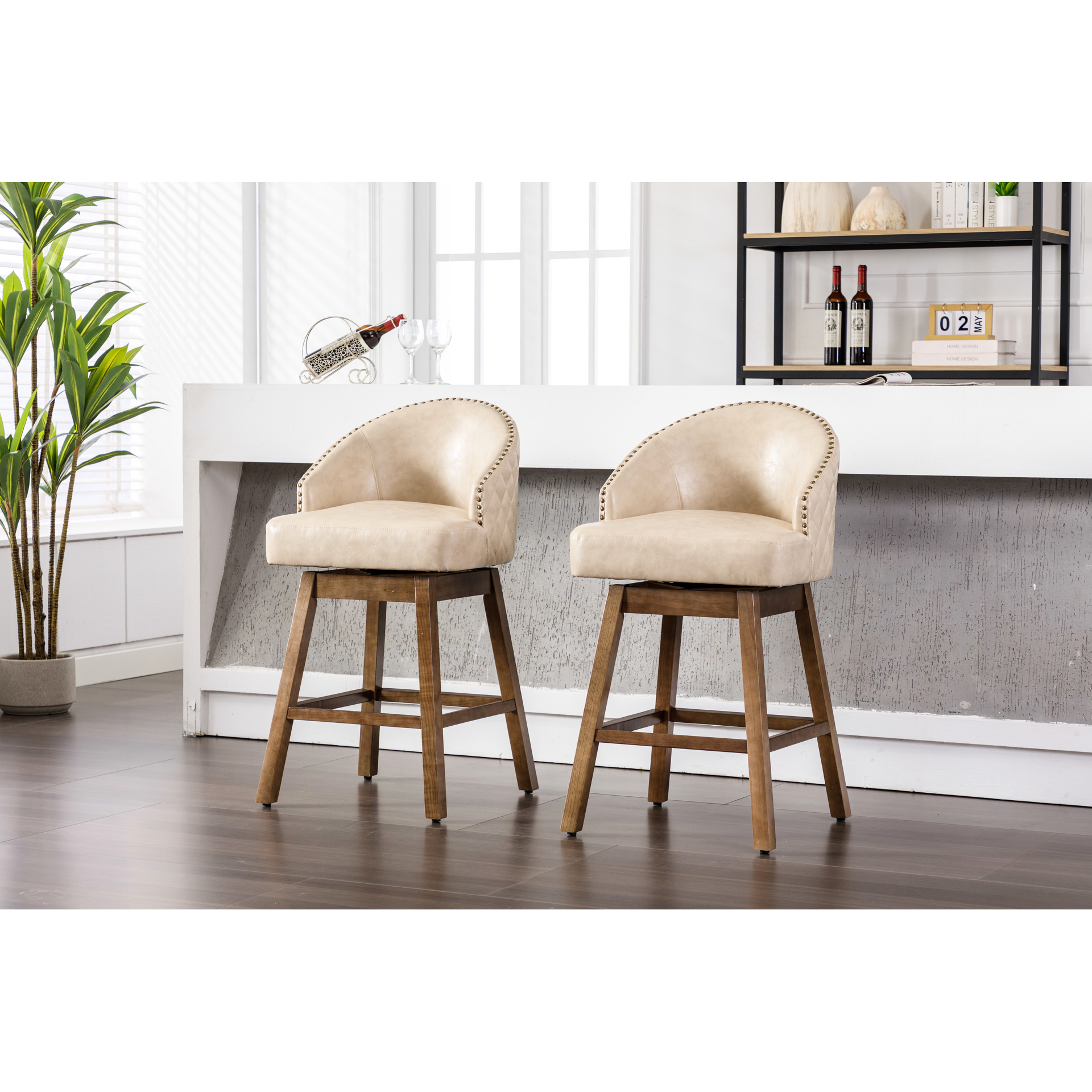 Counter Height Bar Stools (2), 360 Degree Swivel Seat With Footrest ...