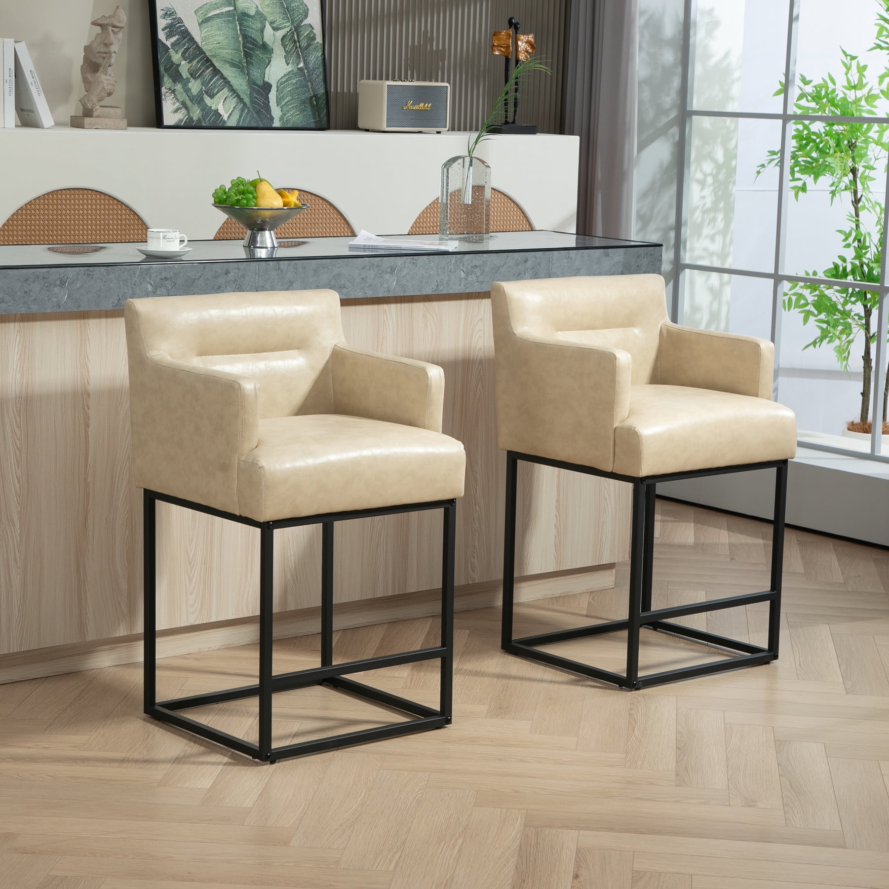 Counter Height Bar Stools Of 2, Modern Square Model, Black Metal ...