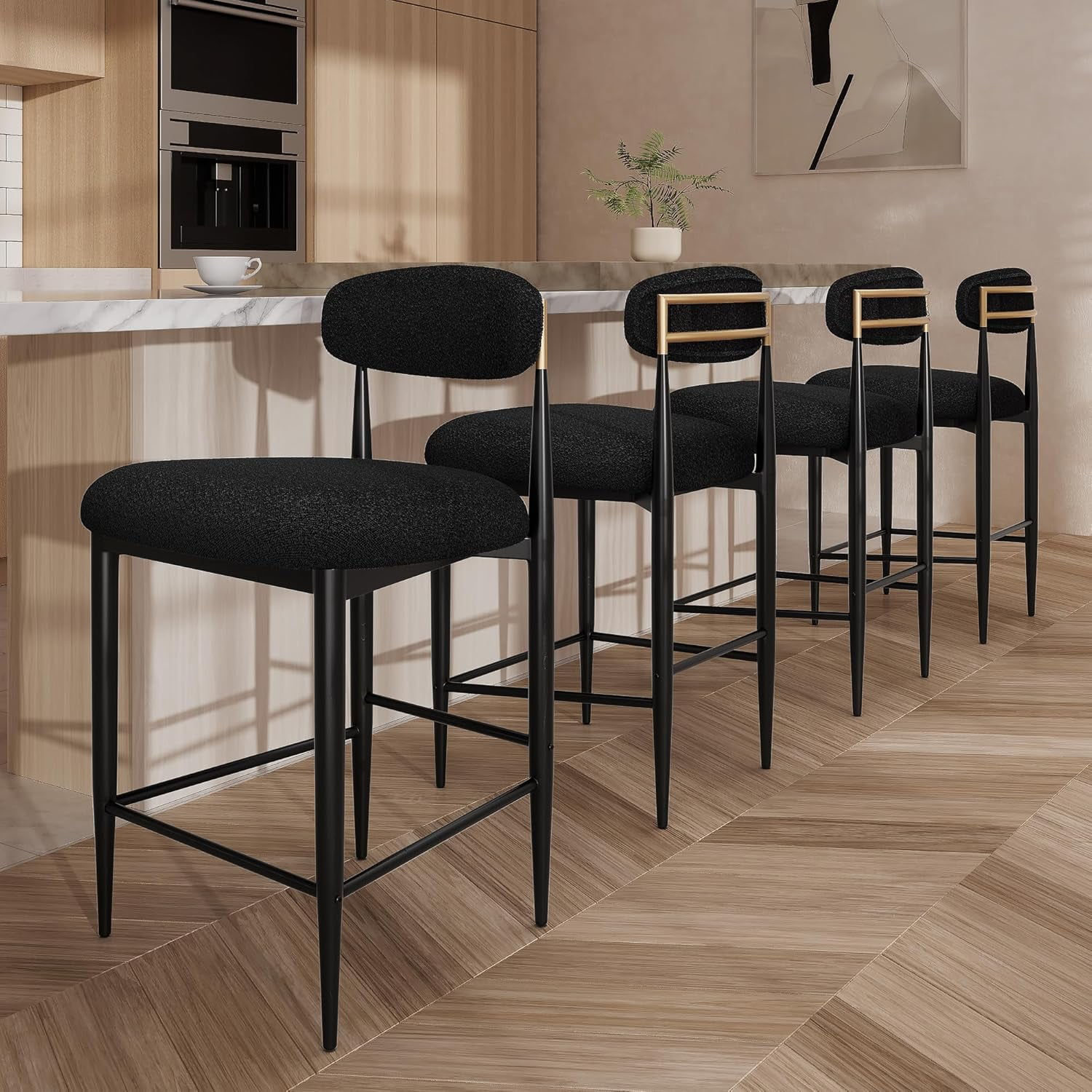 Counter Height Bar Stools 26" Boucle Barstools with Backrest and Metal ...