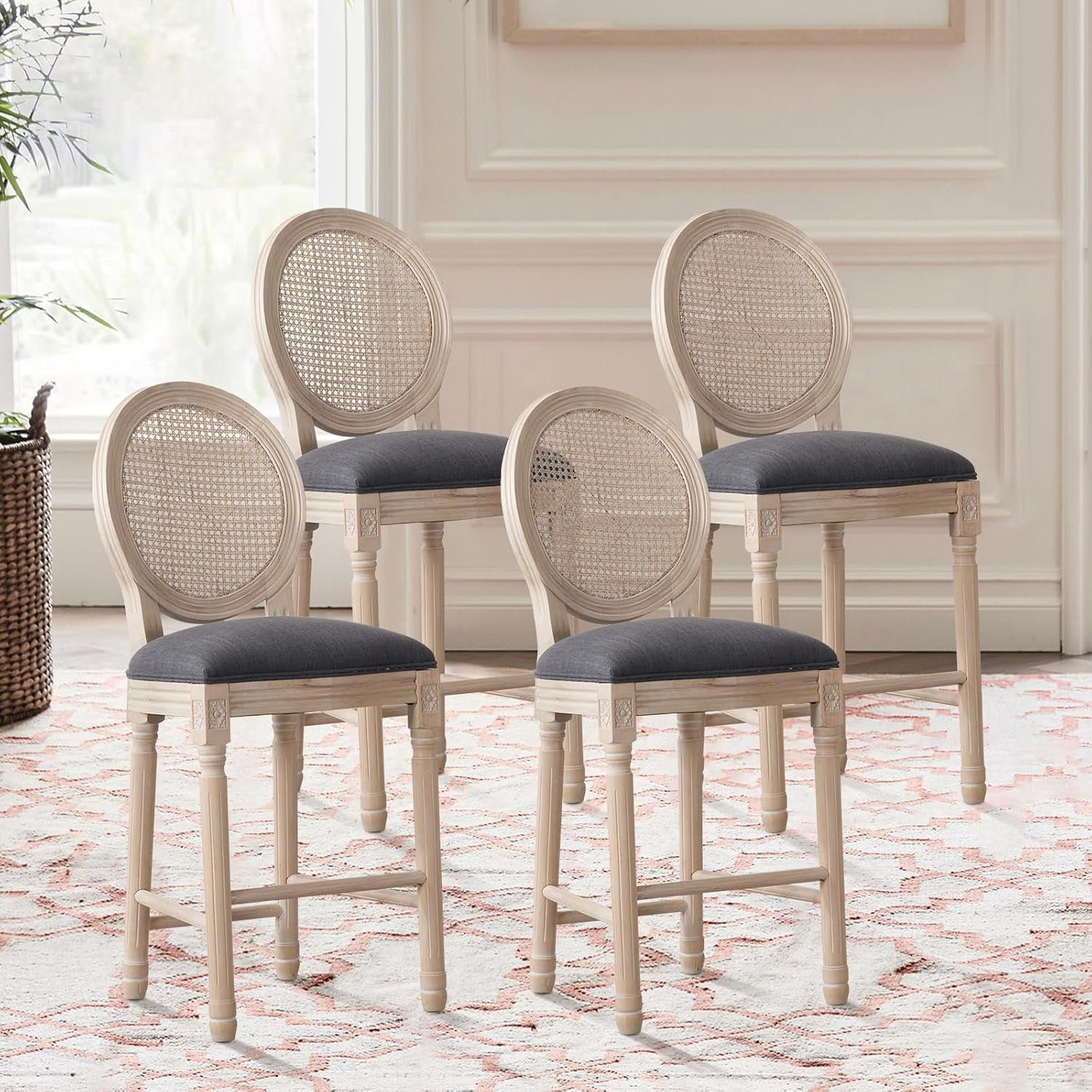 Counter Height Bar Stools 26" Linen Fabric Upholstered Barstools French ...