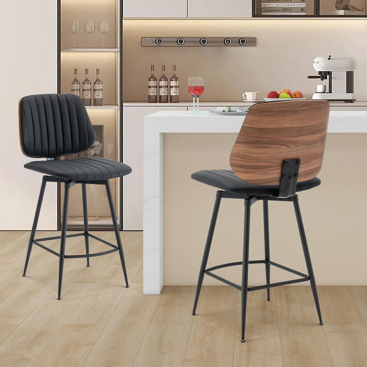 Counter Height Bar Stools, 360° Swivel Modern PU Leather Bar Stools ...
