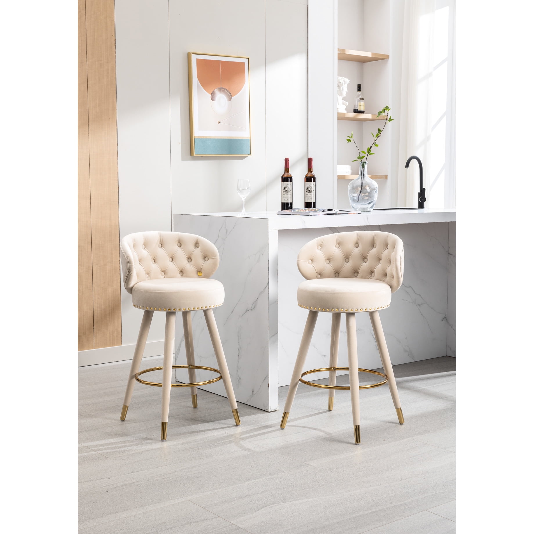 Counter Height Bar Stools - 360-degree Swivel, Solid Wood Legs, Velvet ...
