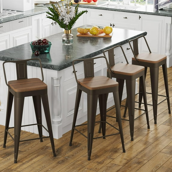 Counter Height Bar Stools 4 Pack, Black Metal Frame with Wooden Seat ...