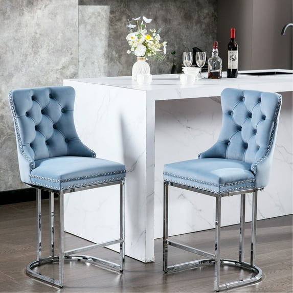 Counter Height Bar Stools / Modern Velvet, Button Back, Rivet Trim, 2 ...