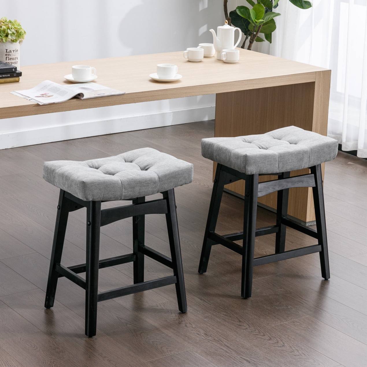 Counter Height Bar Stools Set of 2, 25 inch Backless Bar Stools, Fabric ...