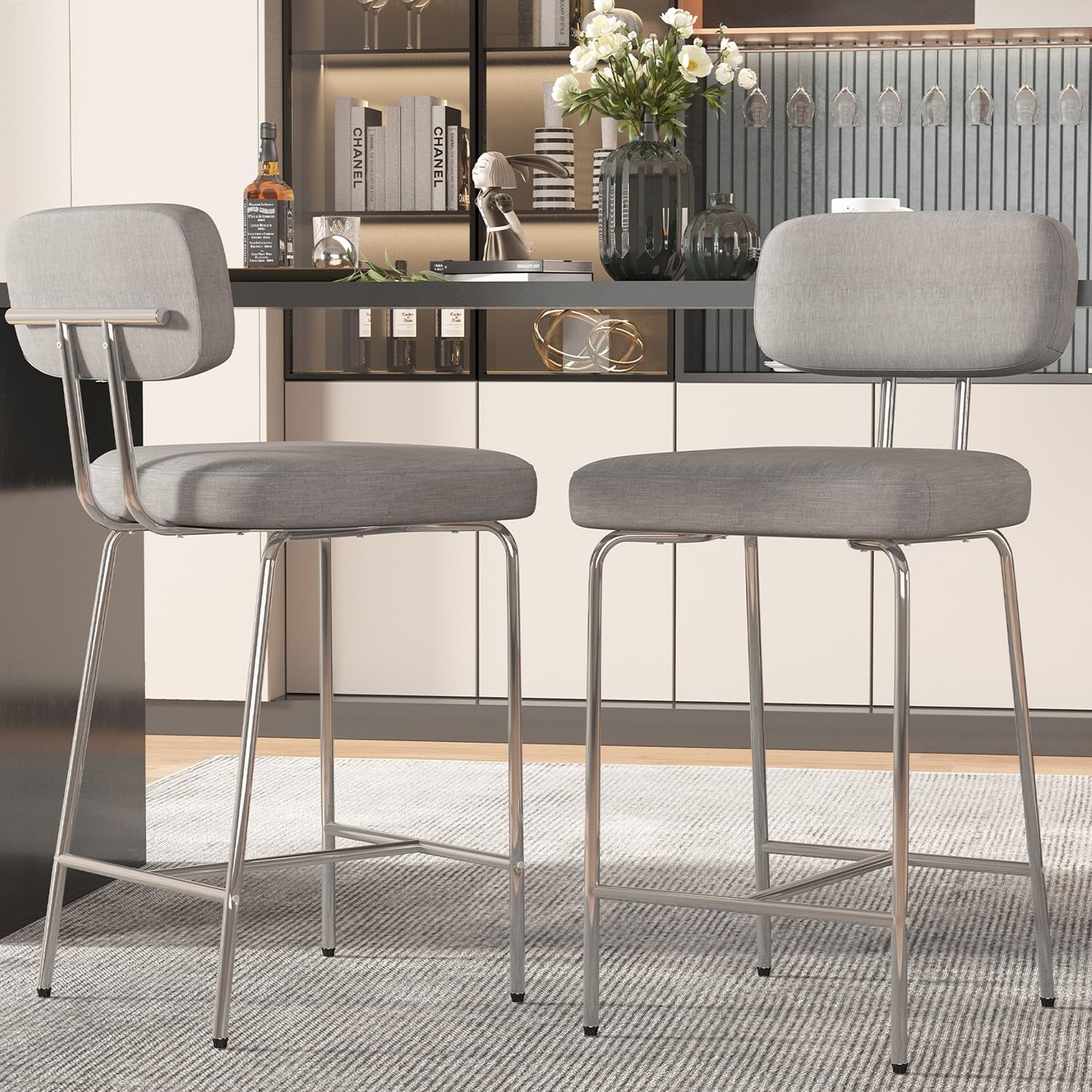 Counter Height Bar Stools Set of 2, 26" Gray Fabric Kitchen Counter ...