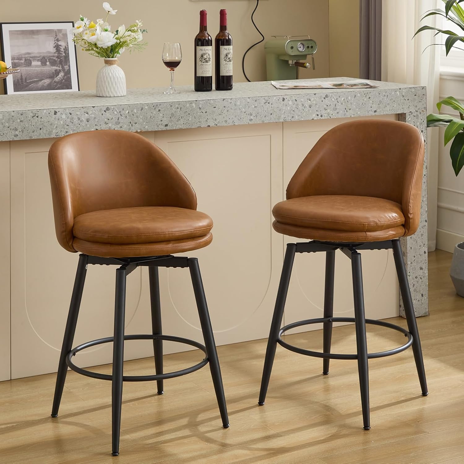Counter Height Bar Stools Set of 2, 26 Inch Swivel Barstools with Back and Metal Legs for ...