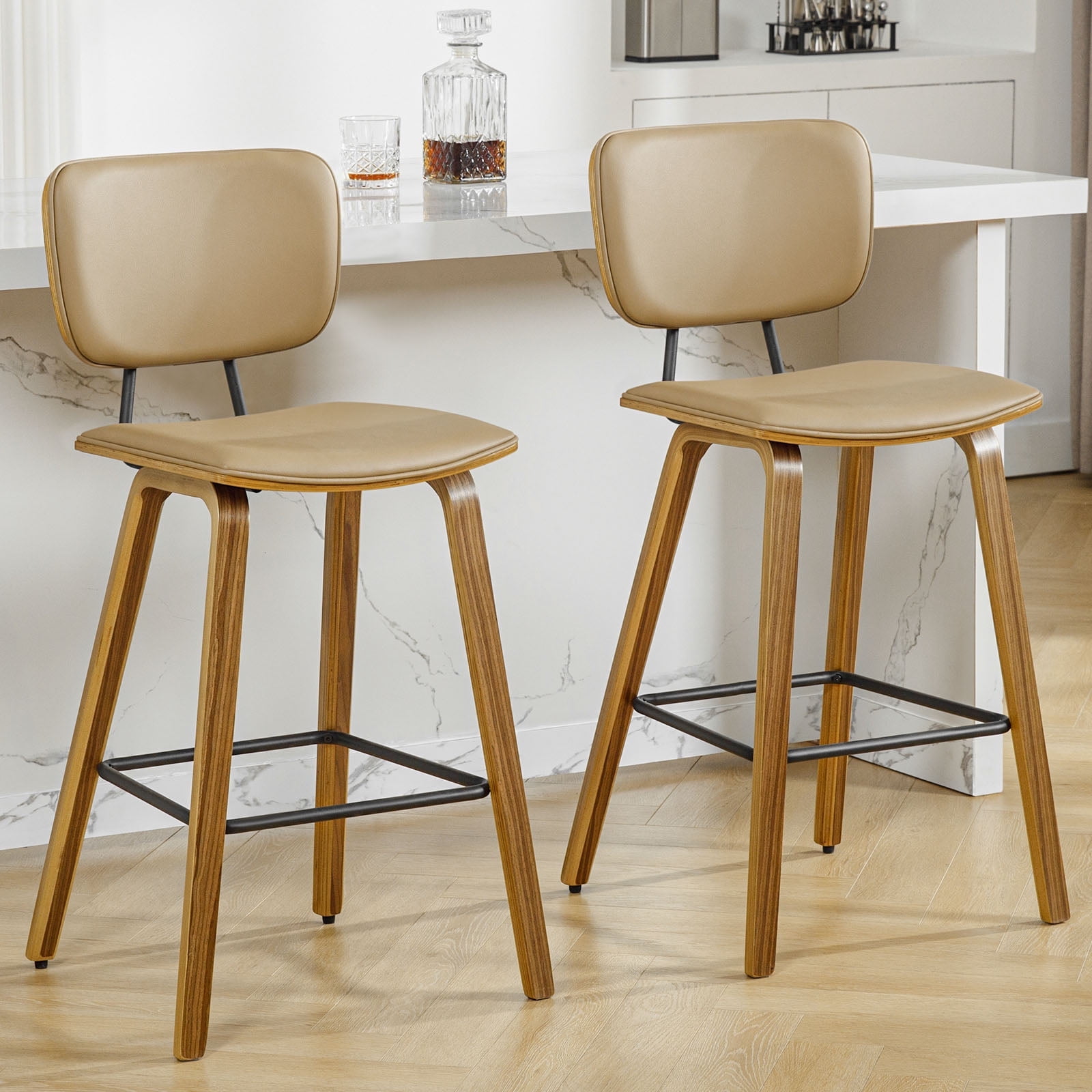 WOOW DEPOT PU Bar Stools Set of 2, 26" Seat Height w/ Mid Back Bent ...