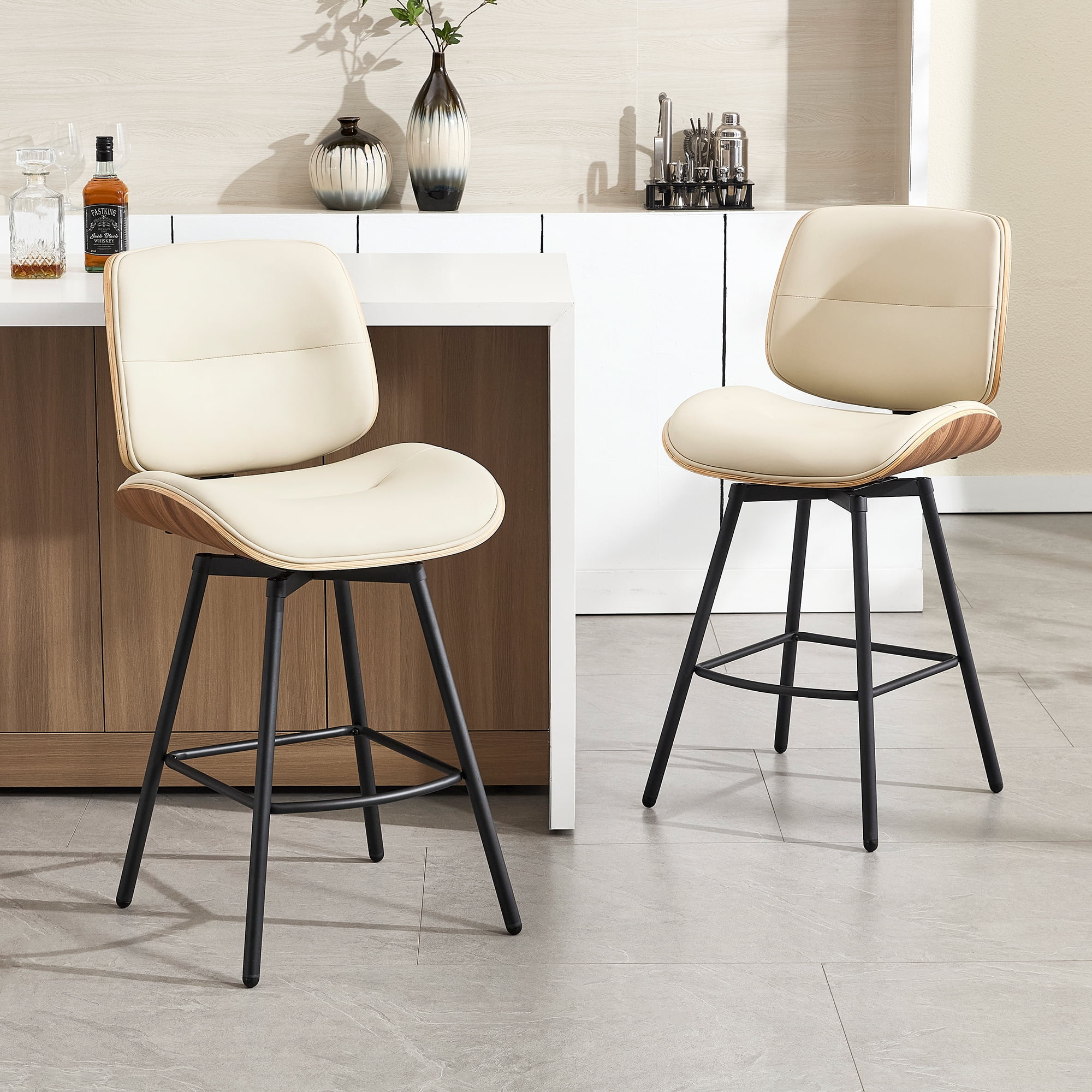 Counter Height Bar Stools Set of 2, 26" Swivel PU Leather Upholstered ...