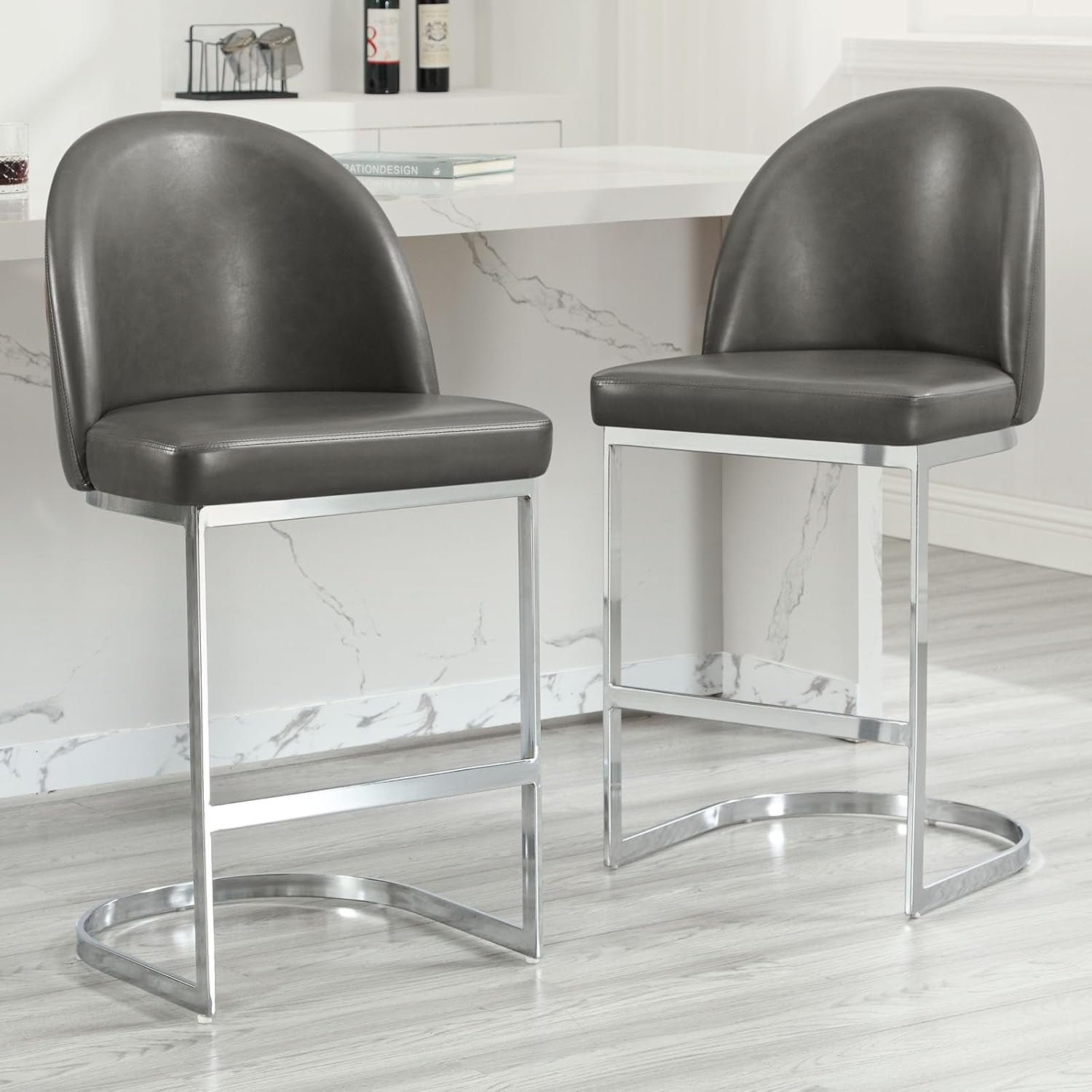 Counter Height Bar Stools Set of 2, 26" Upholstered Faux Leather ...