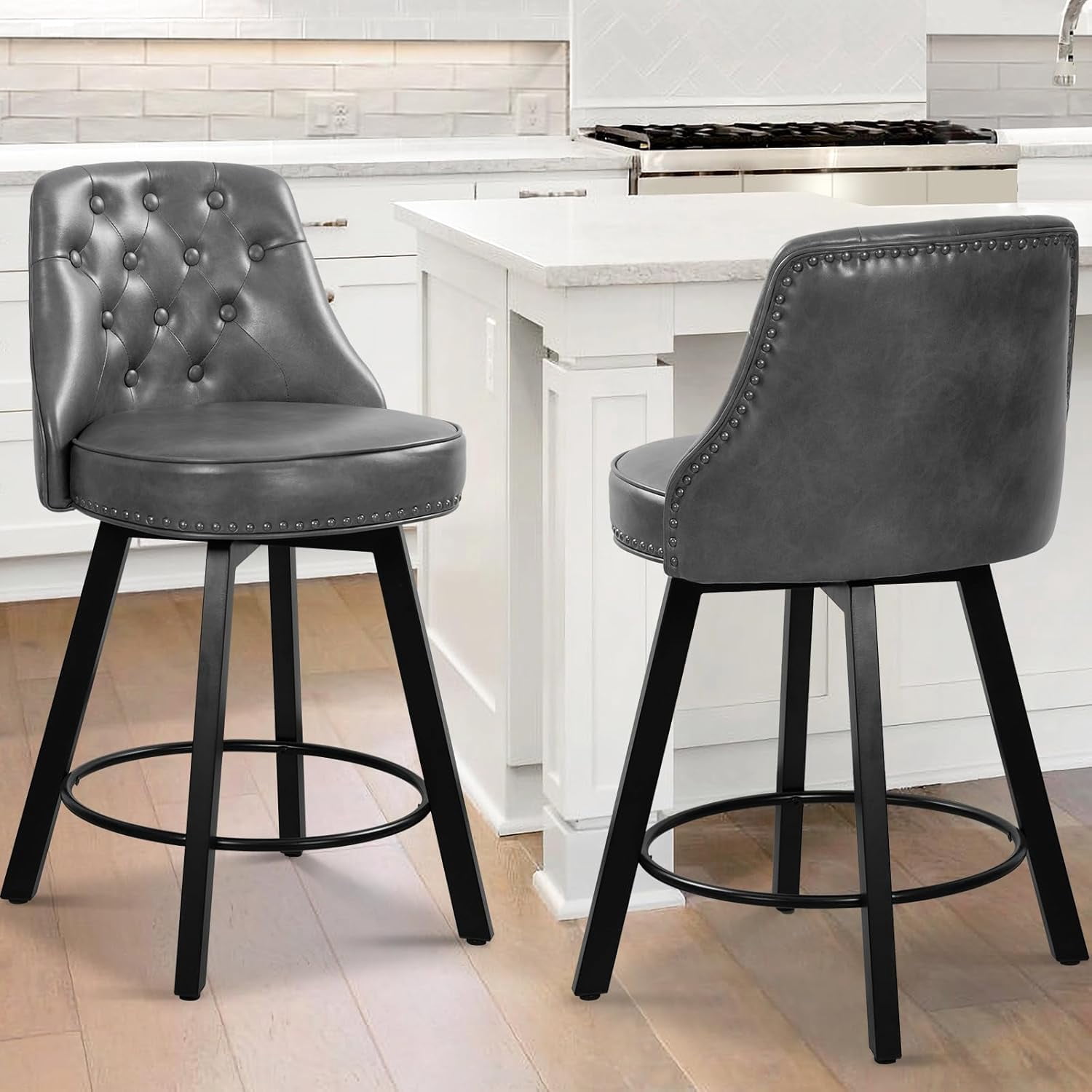 Counter Height Bar Stools Set of 2, 26” Upholstered Island Chairs Stool ...