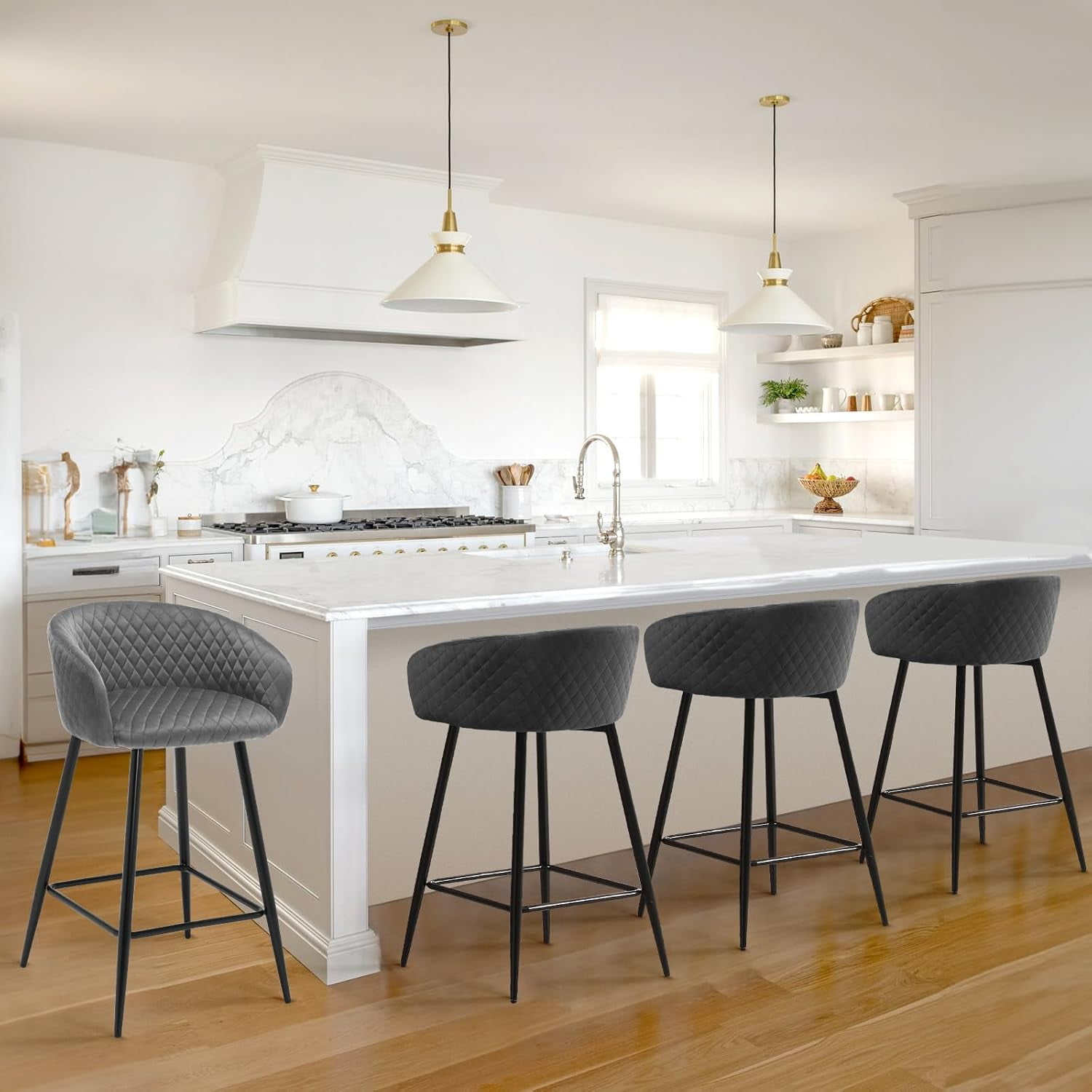 Counter Height Bar Stools Set of 2 27.5" Modern Bar Chair with Barrel Low Back and Arms Velvet ...